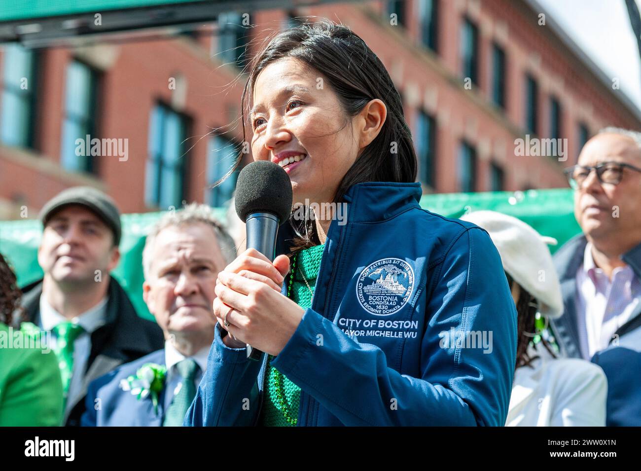 Mayor Michelle Wu speaking at the 2024 South Boston St. Patrick's Day ...