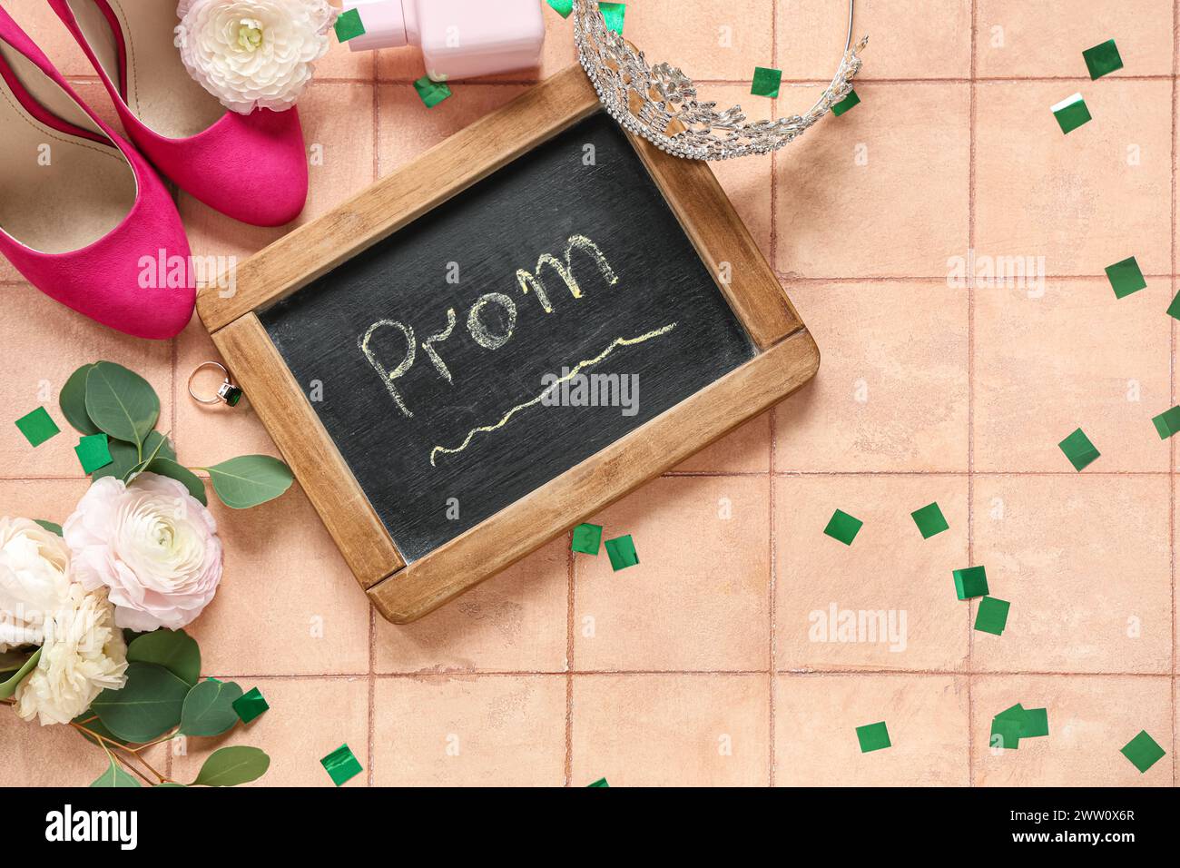 Chalkboard With Text Prom Female Tiara And Flowers On Beige Tile