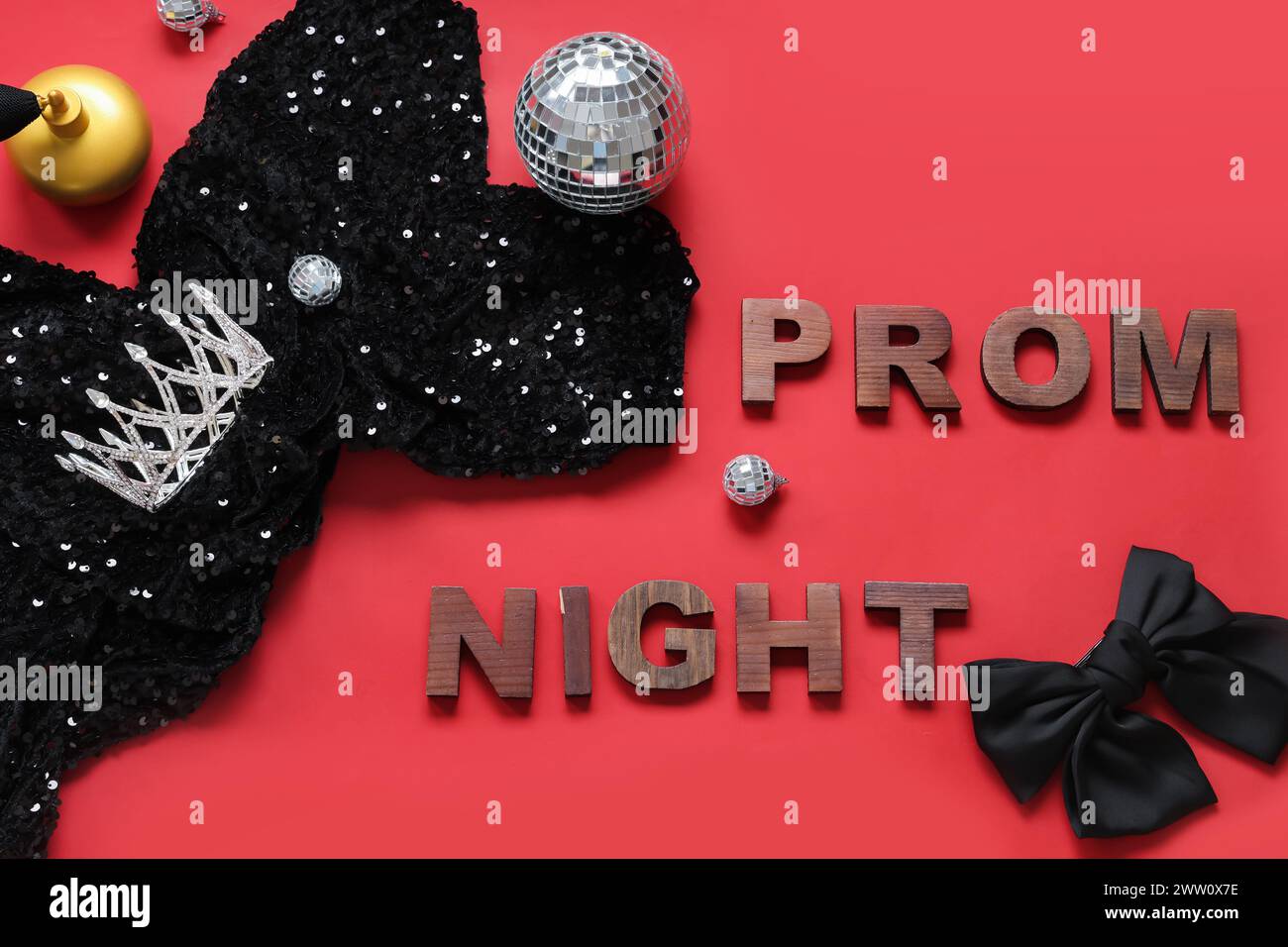 Words PROM NIGHT with black dress, crown and disco balls on red ...