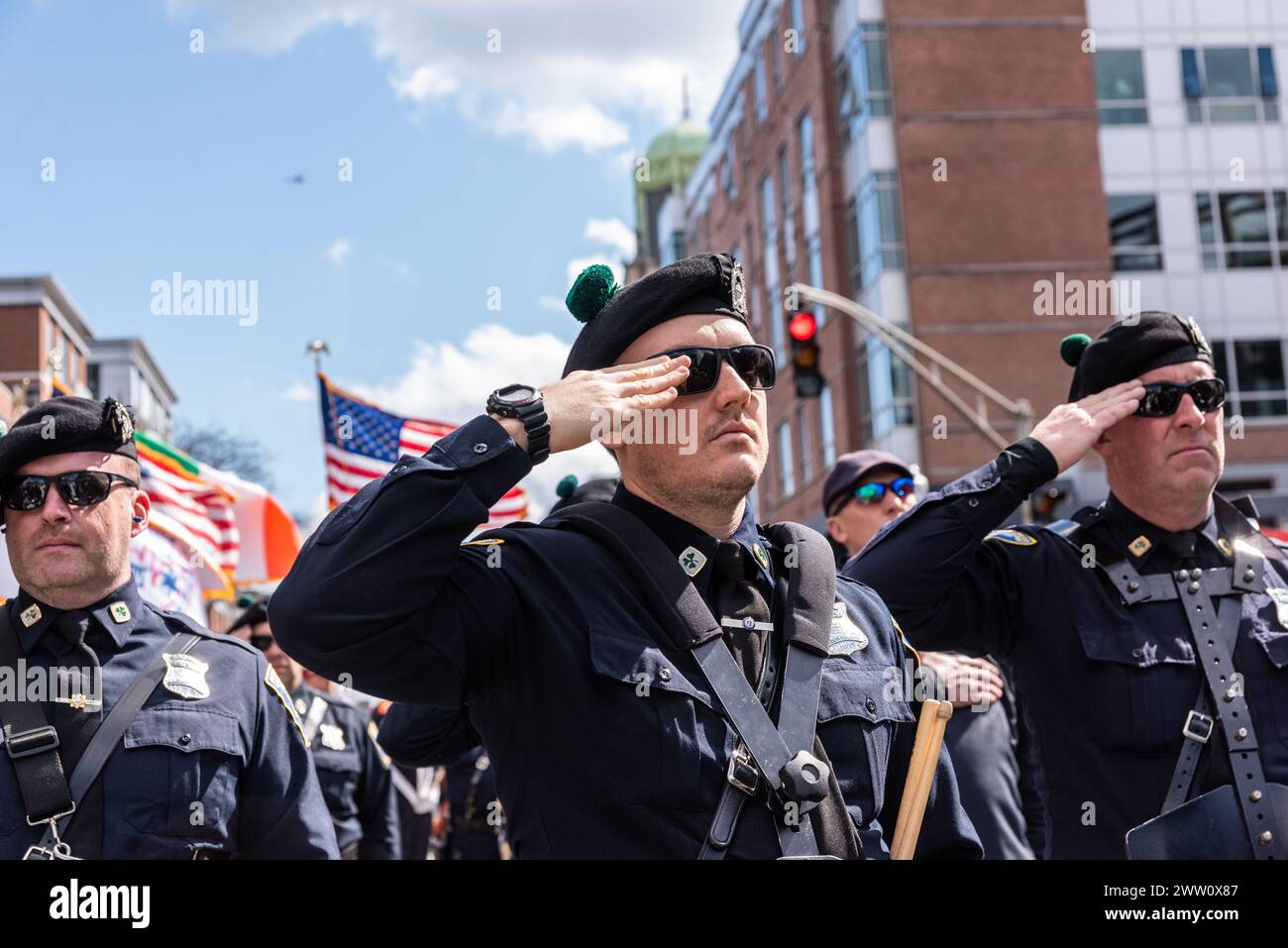Officers with the Boston Police Gaelic Column saluting during the ...