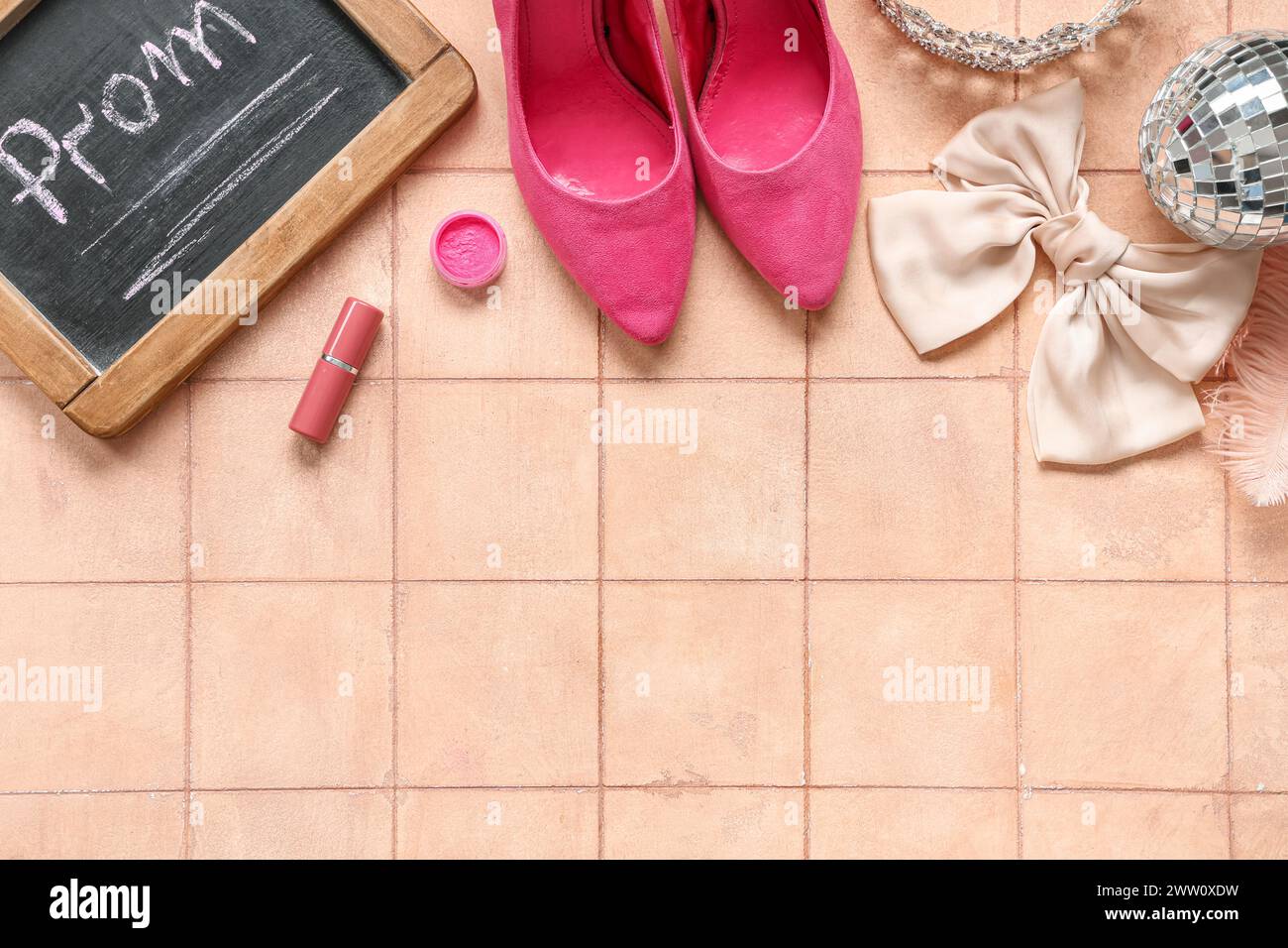 Chalkboard With Text Prom Female Shoes And Disco Ball On Beige Tile