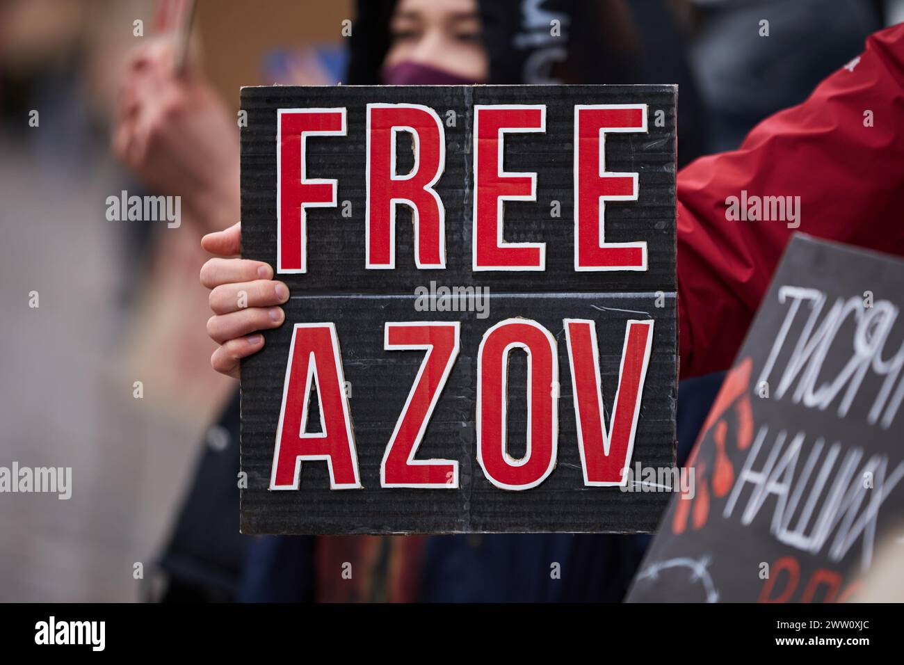 Activits shows a sign "Free Azov" on a public rally in Ukraine. Kyiv ...