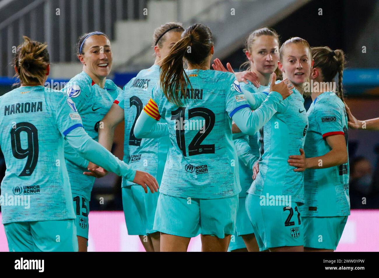 Barcelona players celebrate Caroline Graham Hansen's goal during the ...