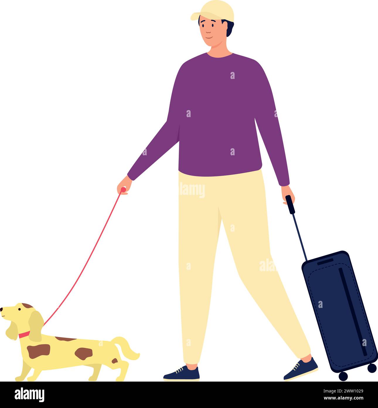 Tourist walking with dog and suitcase. Travel trip character Stock ...