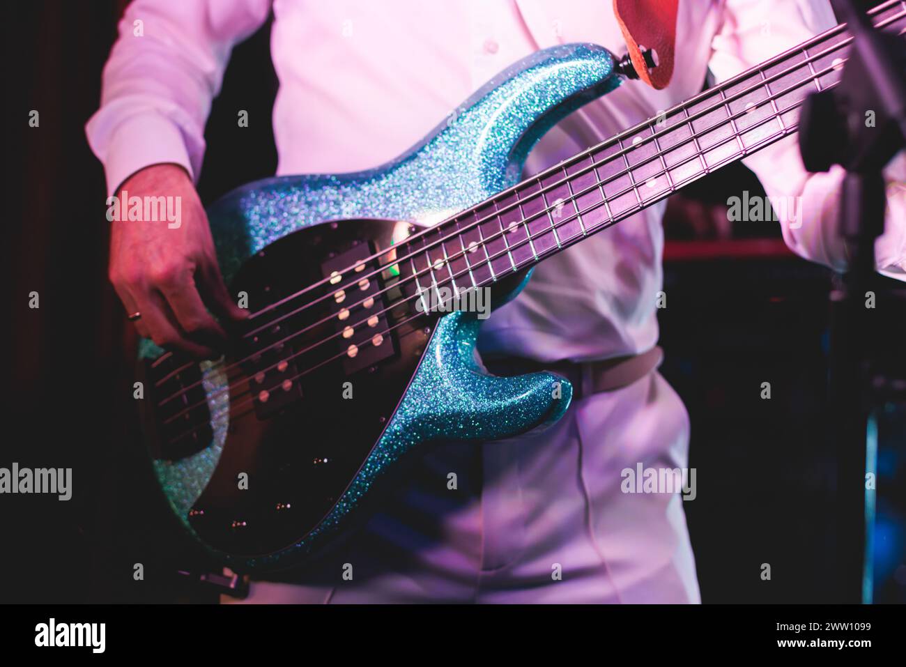 Concert view of a musician, electric bass guitar player with during ...