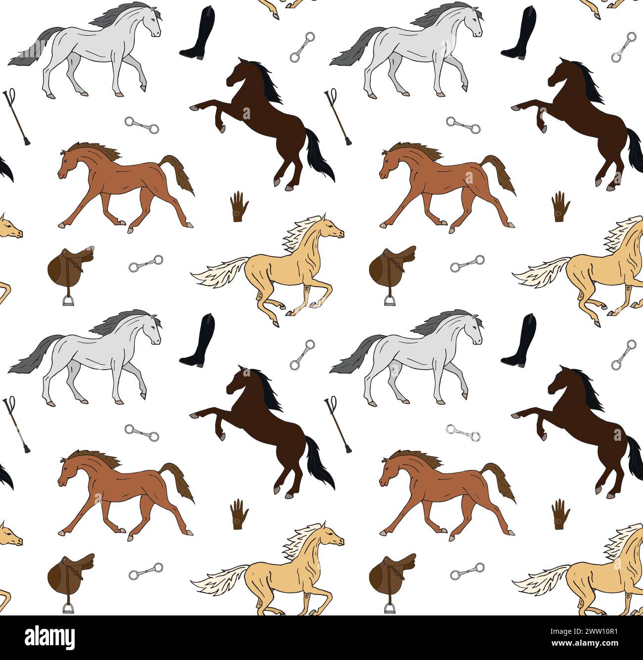 Vector seamless pattern of hand drawn sketch doodle colored horses ...