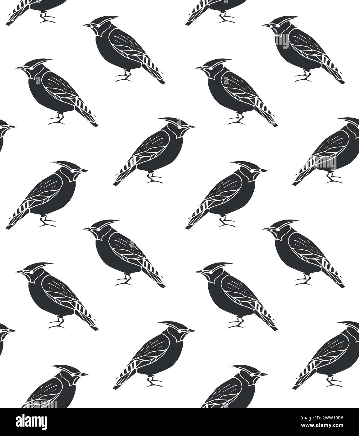 Vector seamless pattern of hand drawn doodle sketch black waxwing bird isolated on white ...