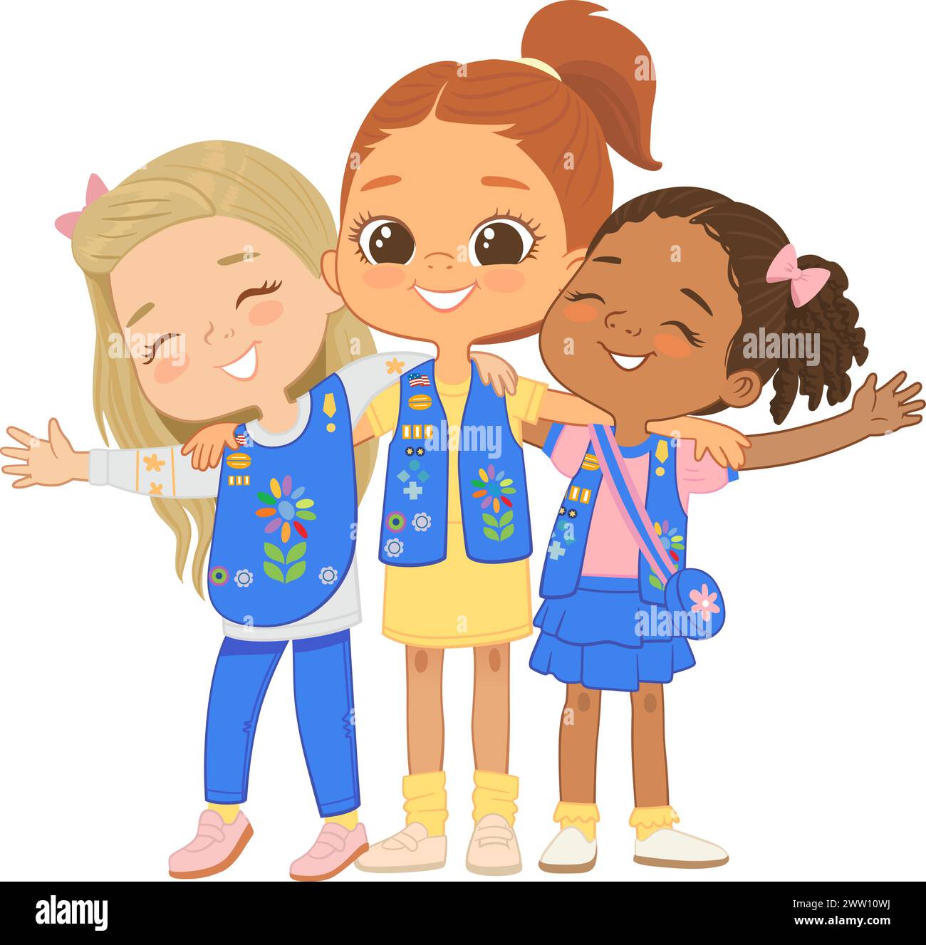 Happy multi ethnic multi aged girls scout hug. Girls Scout happily hug ...