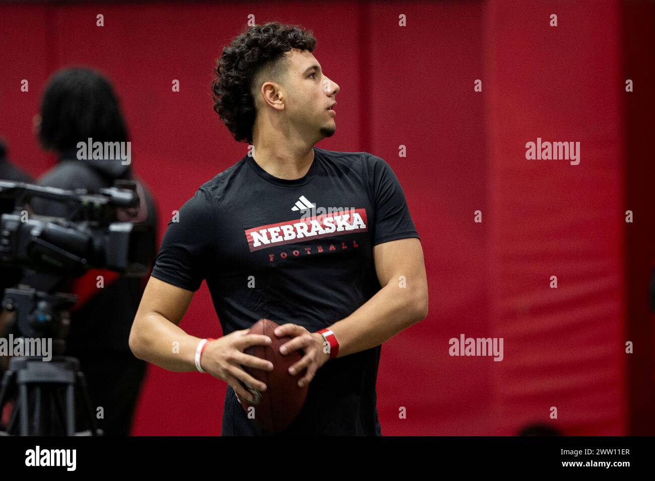 Nebraska quarterback Dylan Raiola throws passes for teammates during ...