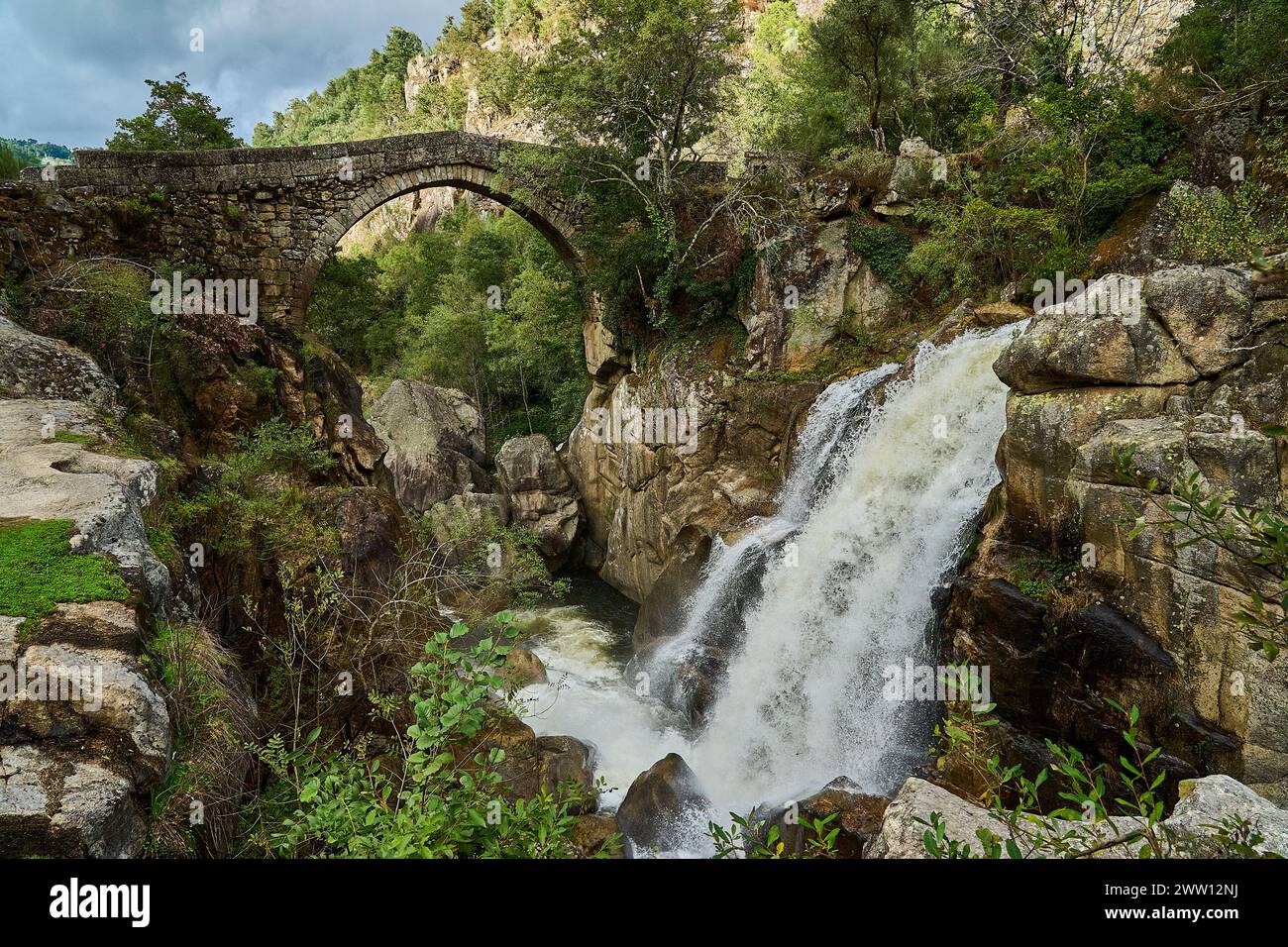 View of the ancient roman Ponte Mizarela, or Devils Bridge with a ...