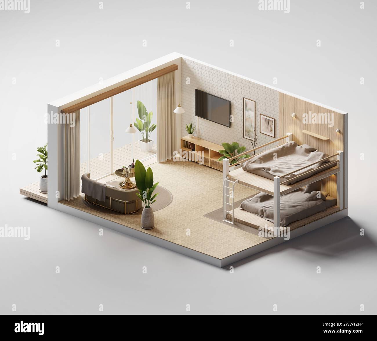 Isometric view bed room open inside interior architecture 3d rendering ...