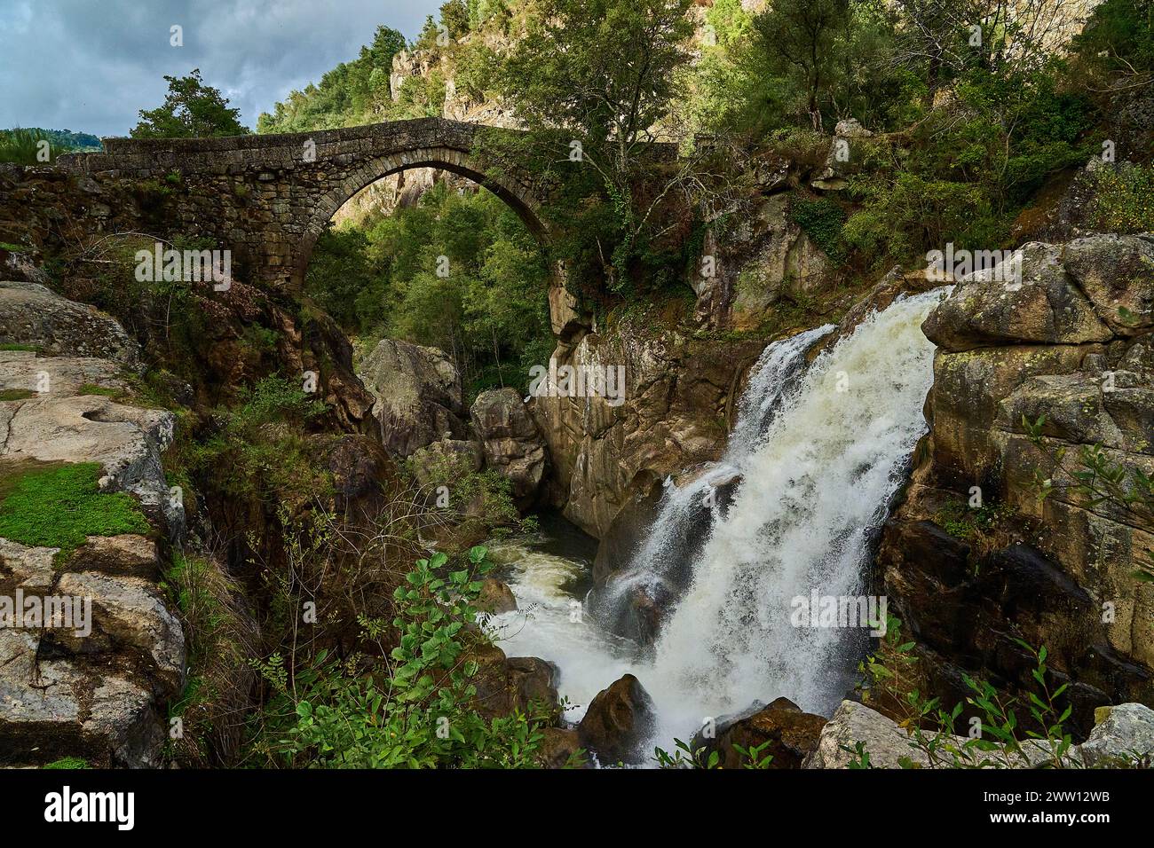 View of the ancient roman Ponte Mizarela, or Devils Bridge with a ...