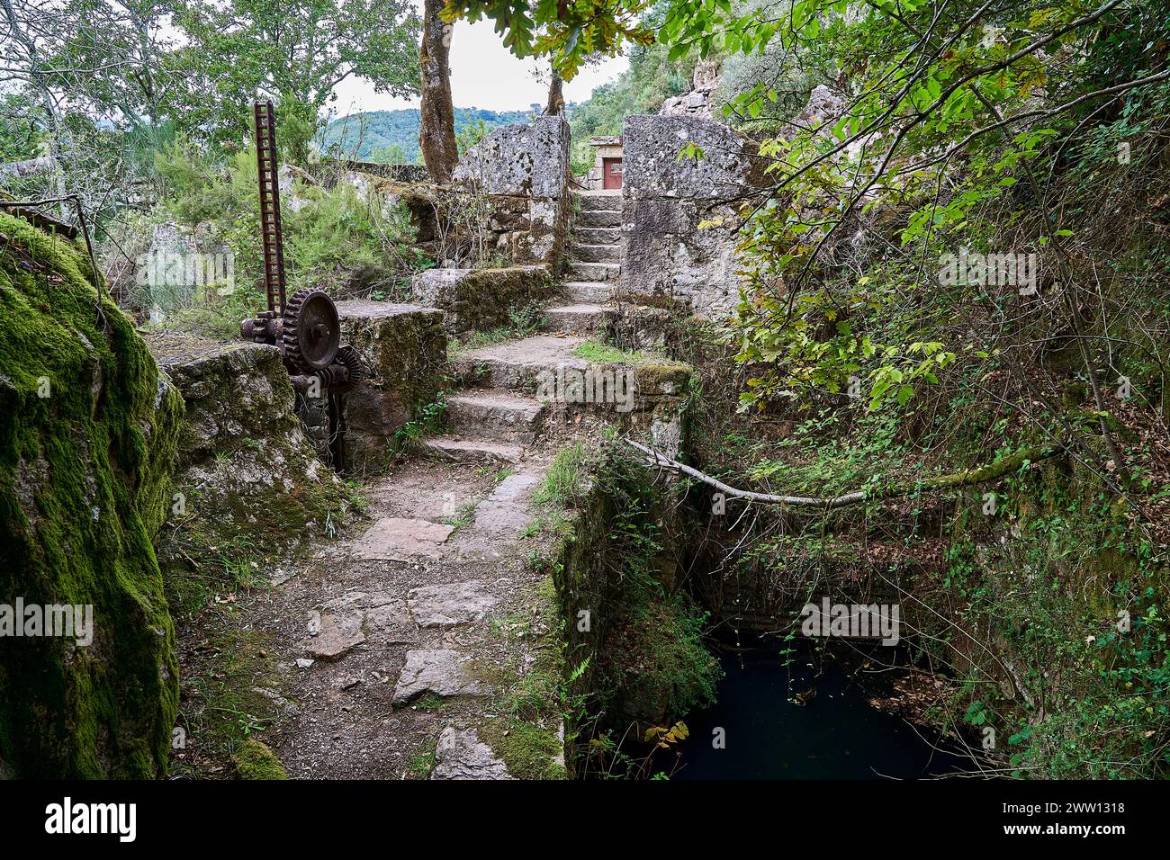 old cobblestone road towards the ancient roman Ponte Mizarela, or ...