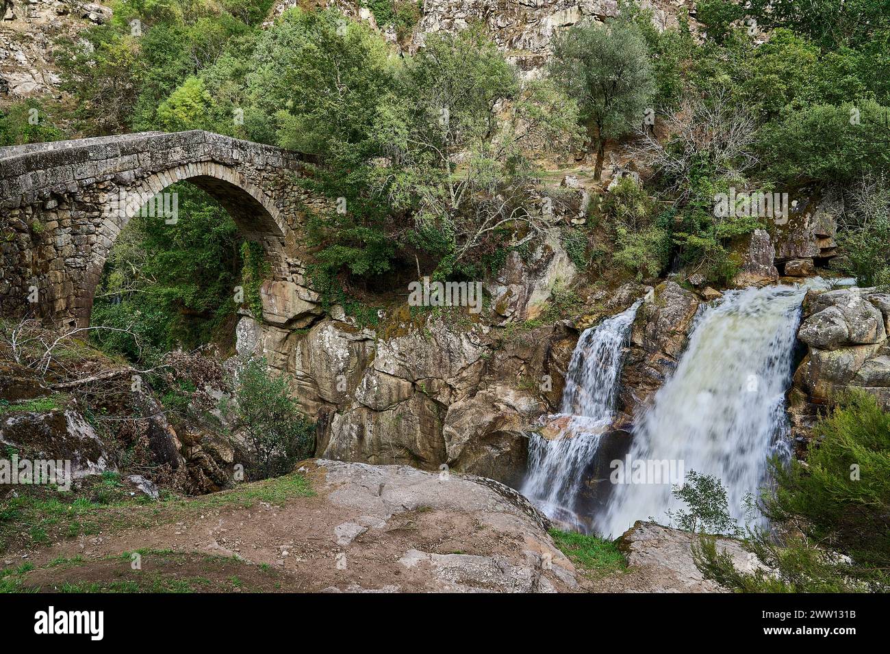 View of the ancient roman Ponte Mizarela, or Devils Bridge with a ...