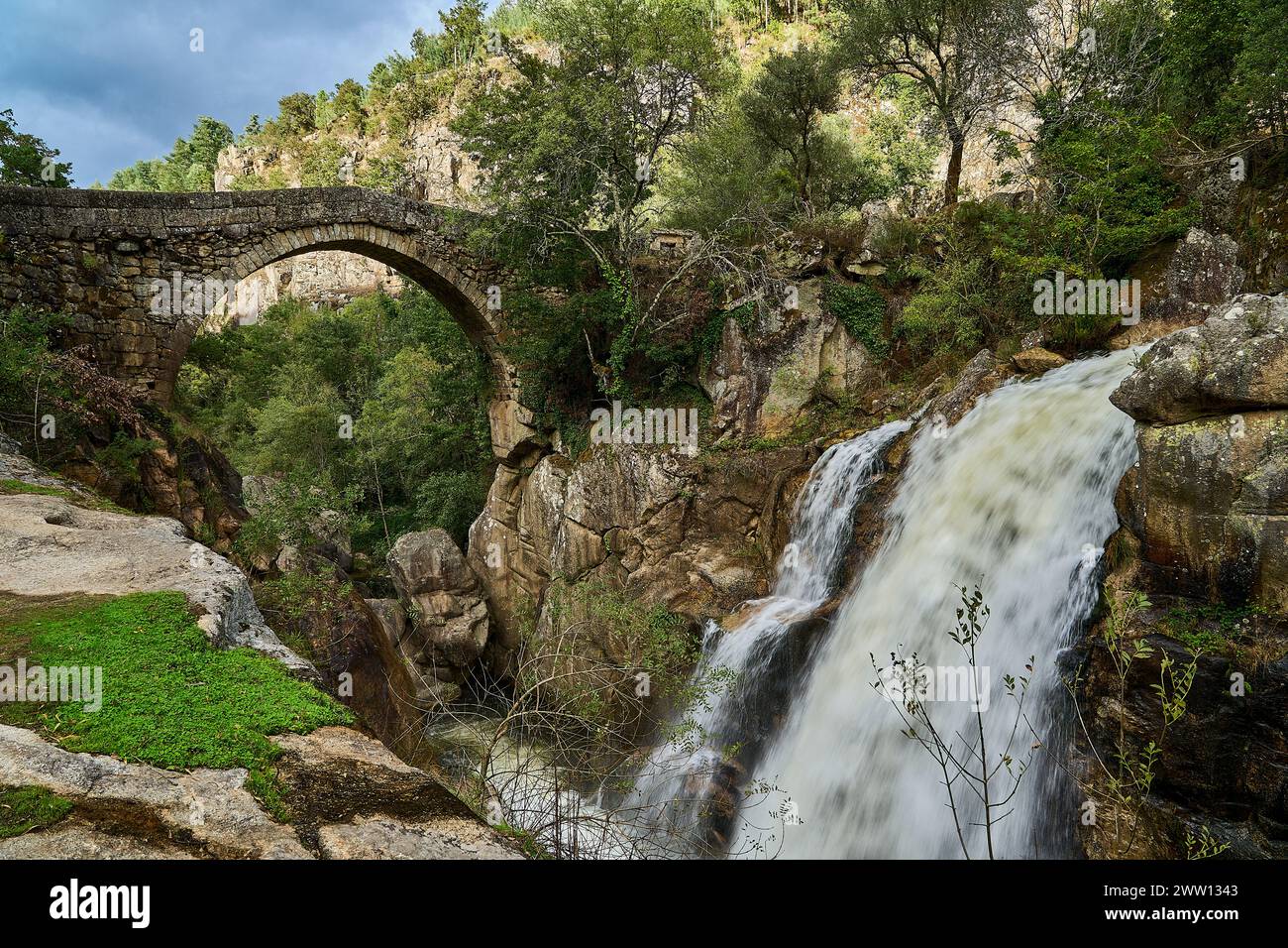 View of the ancient roman Ponte Mizarela, or Devils Bridge with a ...