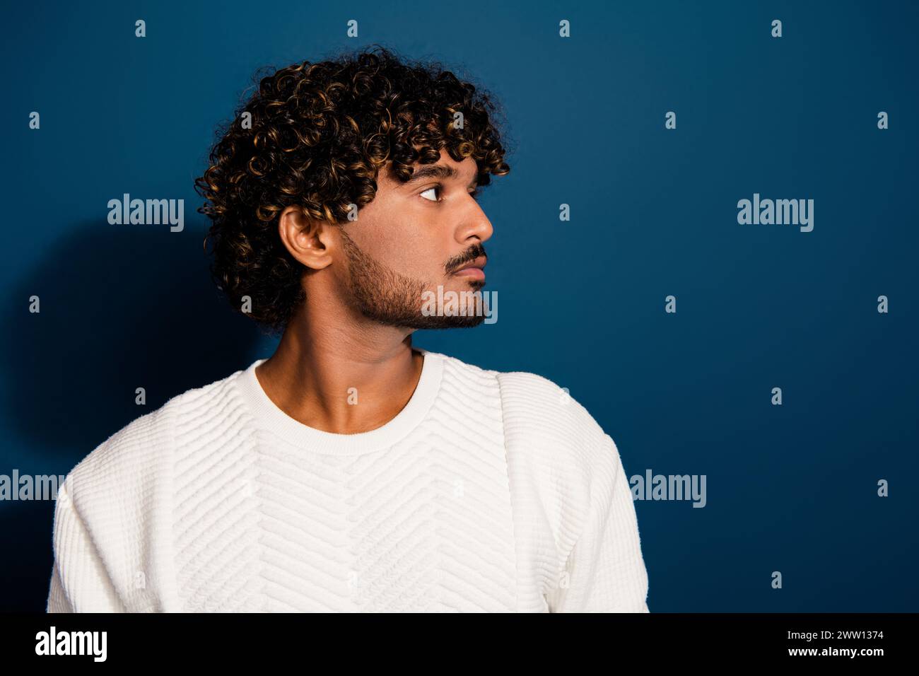Side profile photo of latin guy in looking empty space demonstrate wavy ...