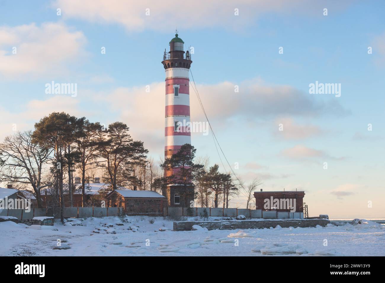 Snowy view of Shepelevsky lighthouse, Gulf of Finland, Leningrad oblast ...