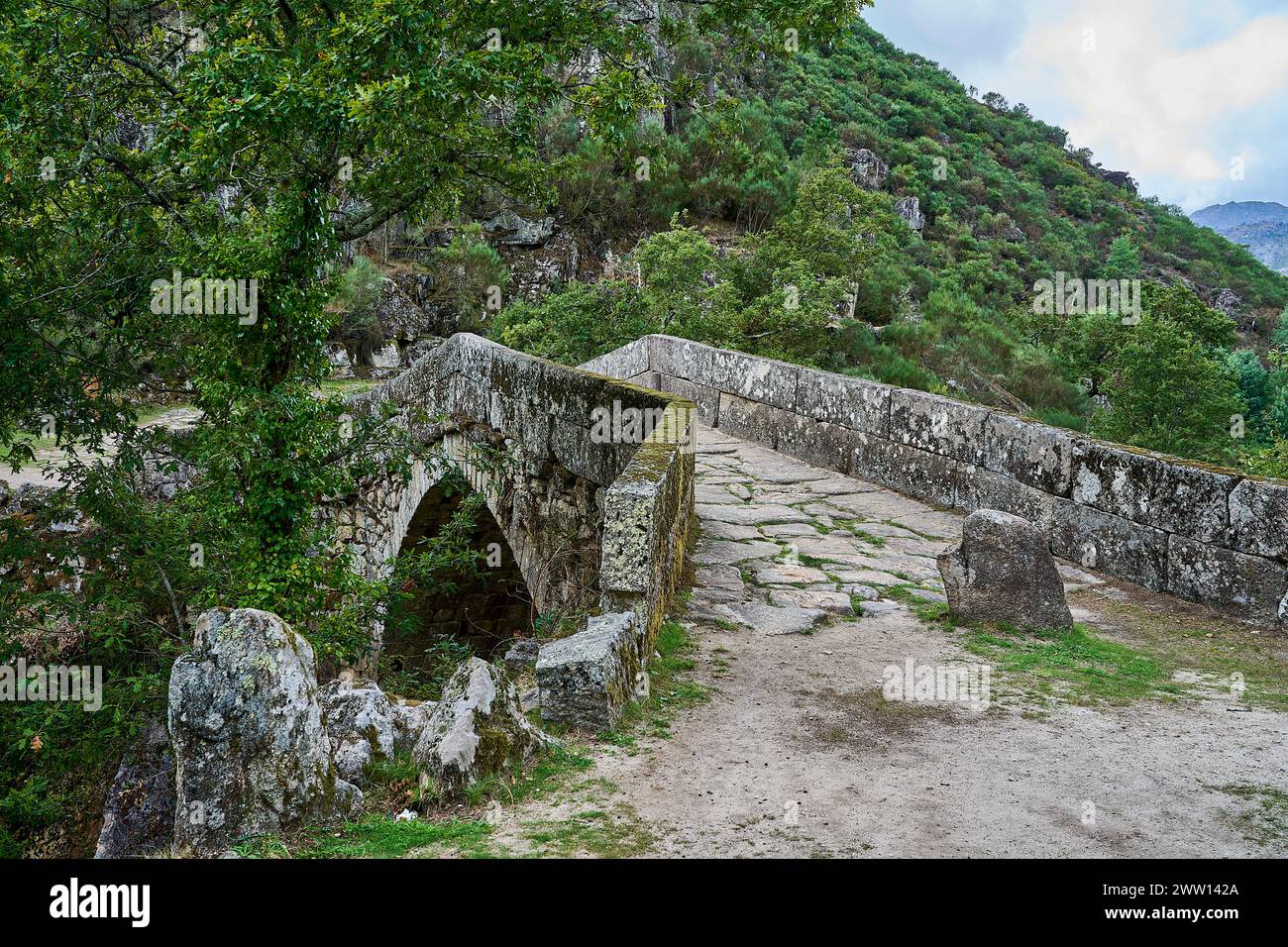 View of the ancient roman Ponte Mizarela, or Devils Bridge with a ...