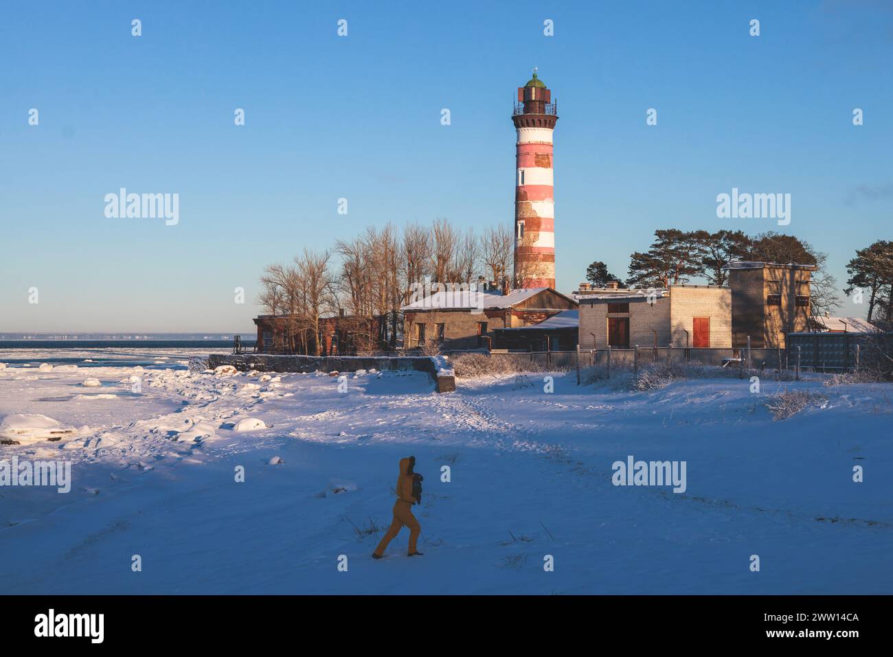 Snowy view of Shepelevsky lighthouse, Gulf of Finland, Leningrad oblast ...