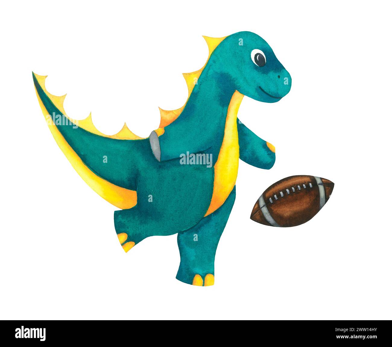 Cute Baby watercolour sport Dinosaur with american football ball ...