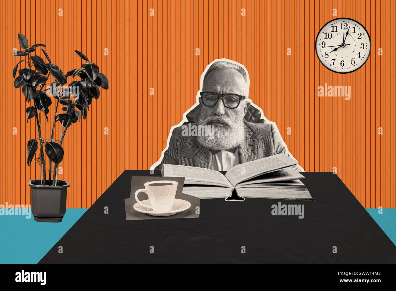 Collage artwork of wise senior man professor academician sitting at the ...