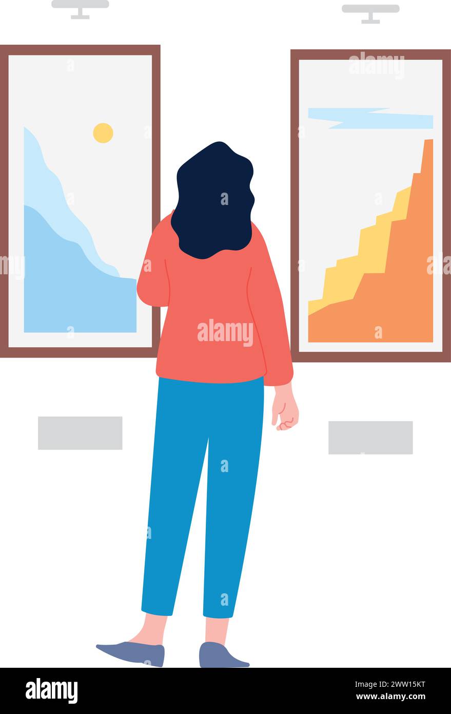 Female visitor at art museum exhibition. Culture tourism Stock Vector ...