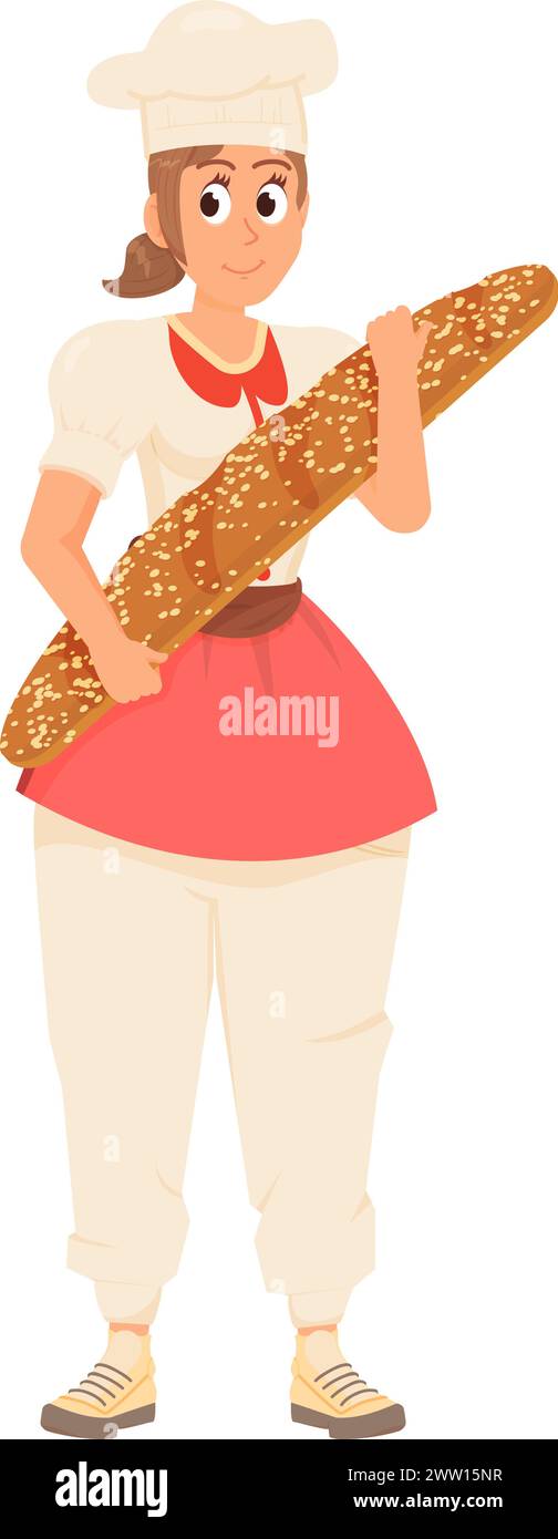 Professional baker character. Woman hold fresh baguette Stock Vector ...