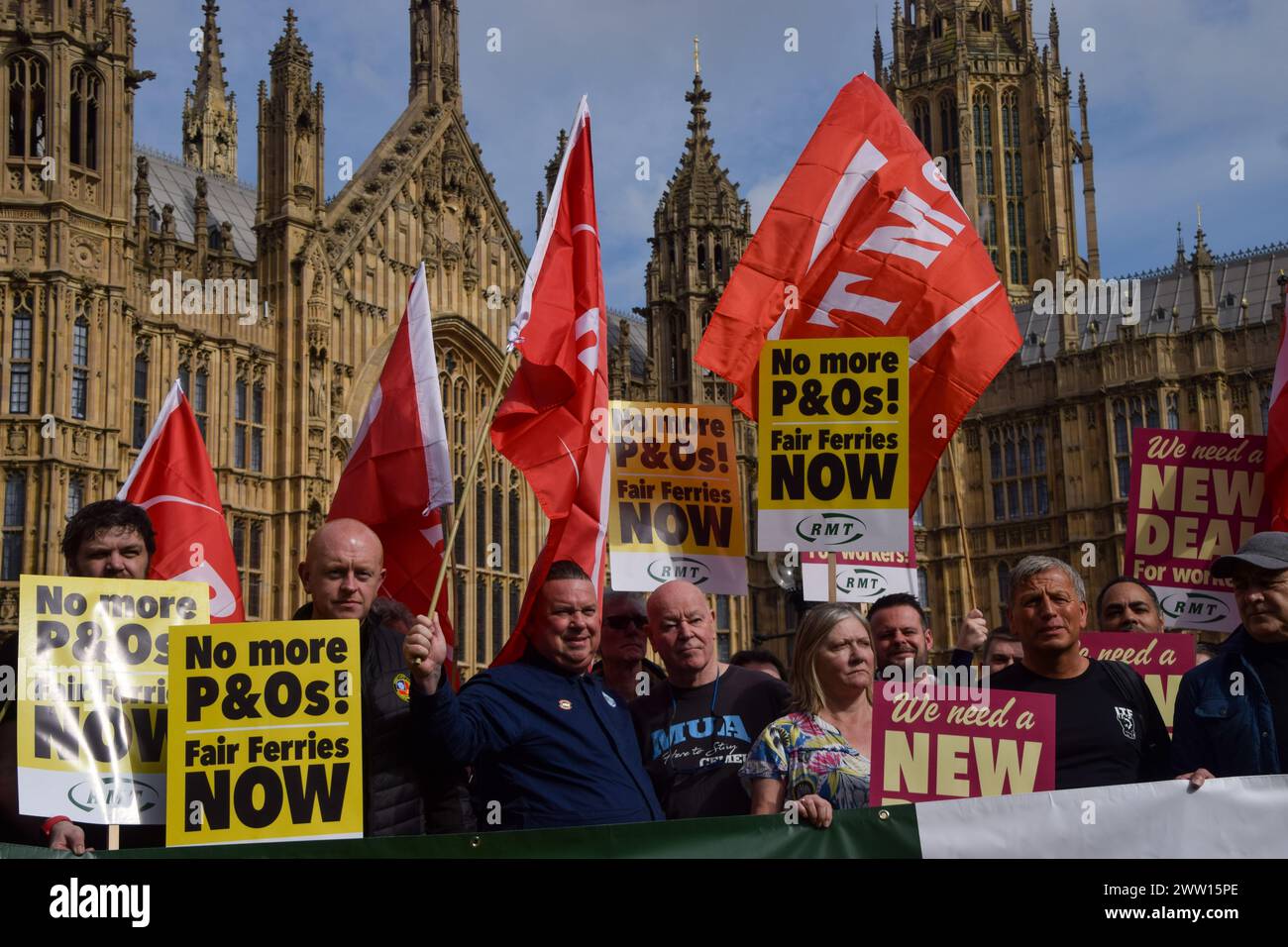 London, UK. 20th Mar, 2024. Protesters hold 'No more P&Os' placards and ...