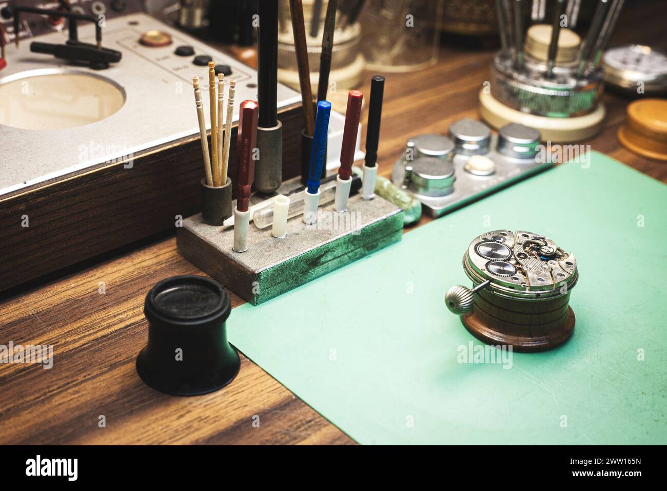 Watchmaker's workbench with all the specialised tools for watch repair ...