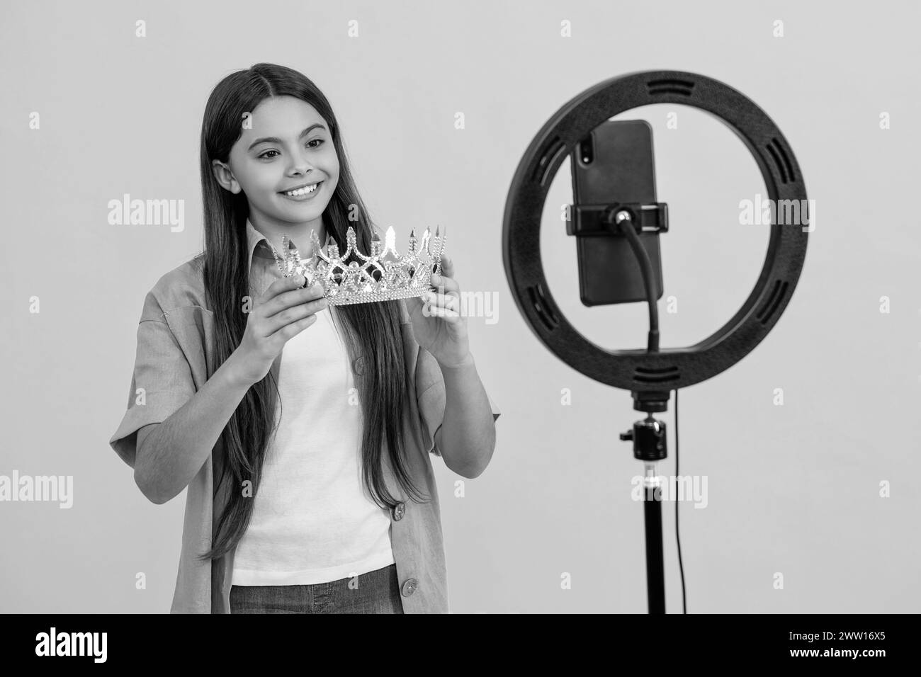 smiling teen girl influencer with crown on background. photo of teen ...