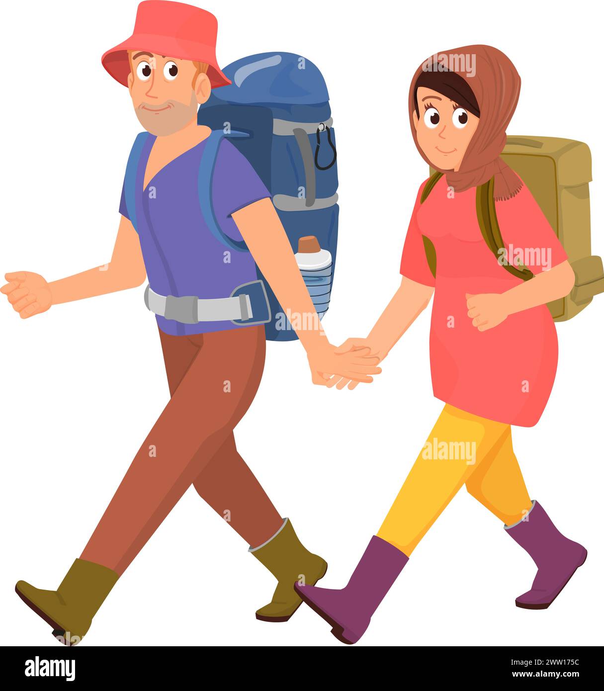 Happy couple with backpacks. Cartoon tourists hiking together Stock Vector Image & Art - Alamy