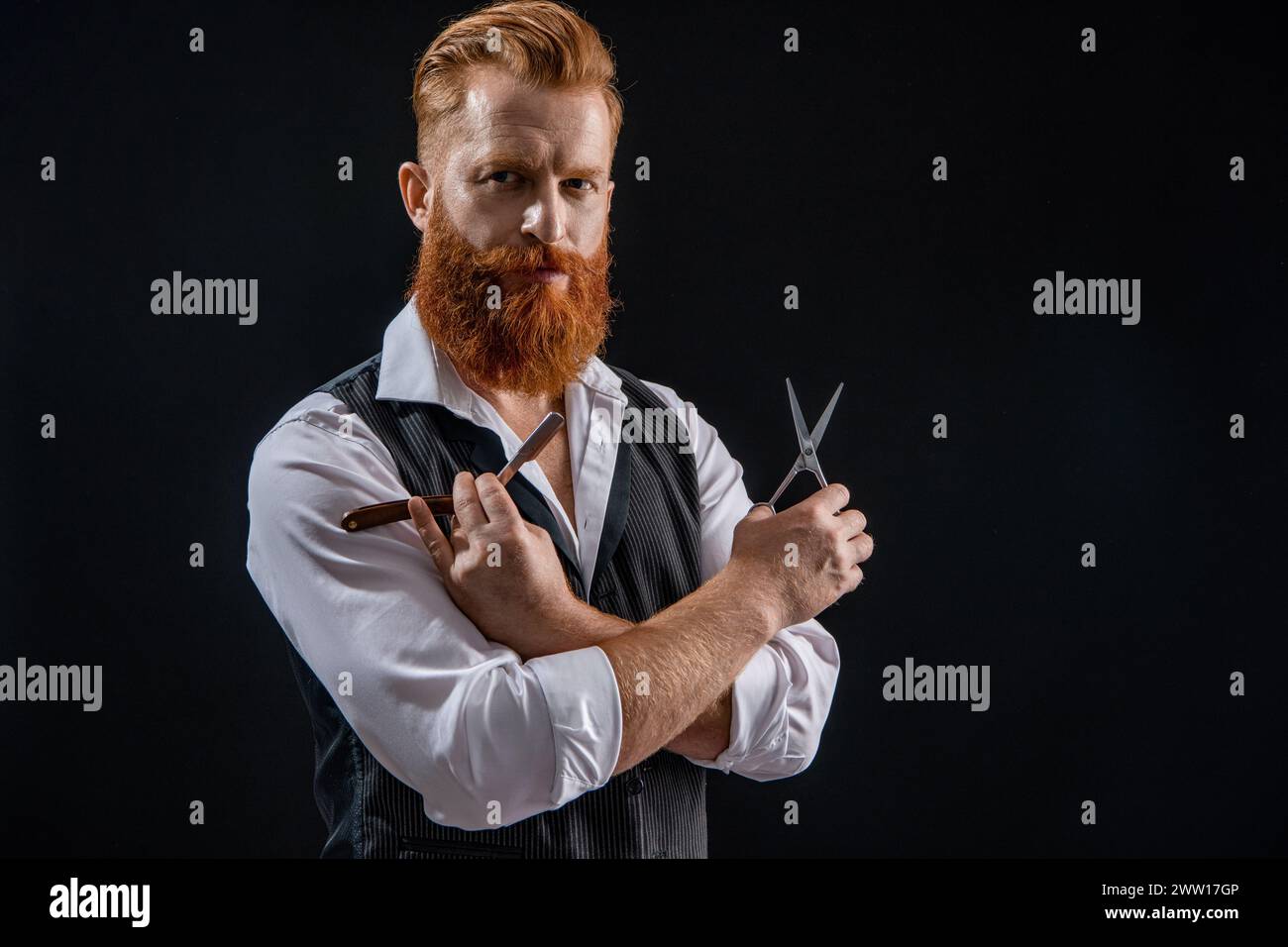Man hairdressing and barbering. Hairdresser at barbershop isolated on ...