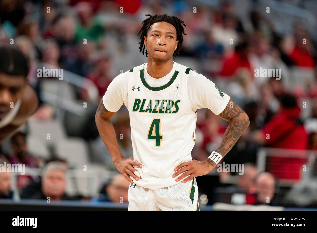 FORT WORTH, TX - MARCH 17: UAB Blazers guard Eric Gaines (4) watches a ...