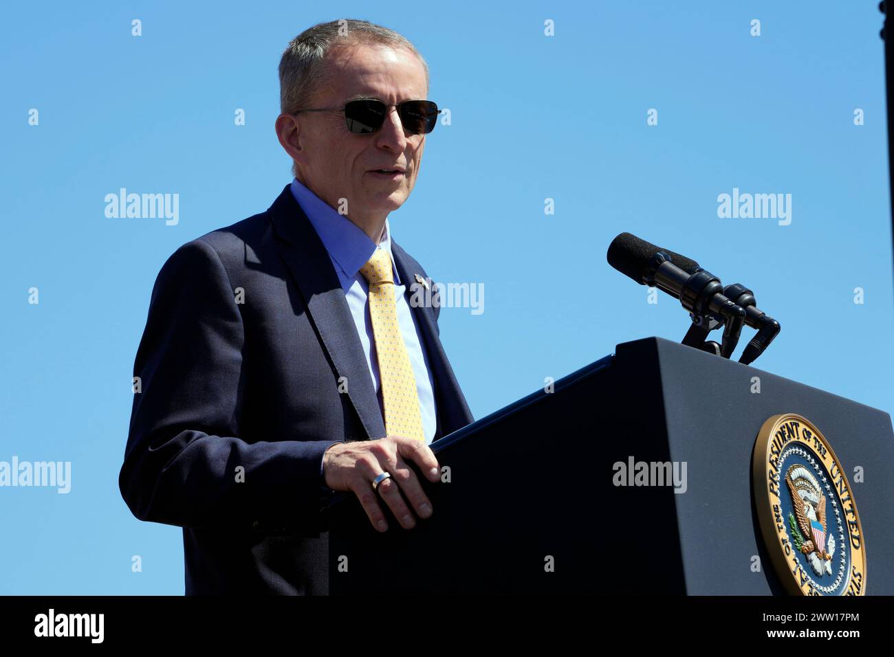Intel CEO Pat Gelsinger speaks before President Joe Biden at an event ...