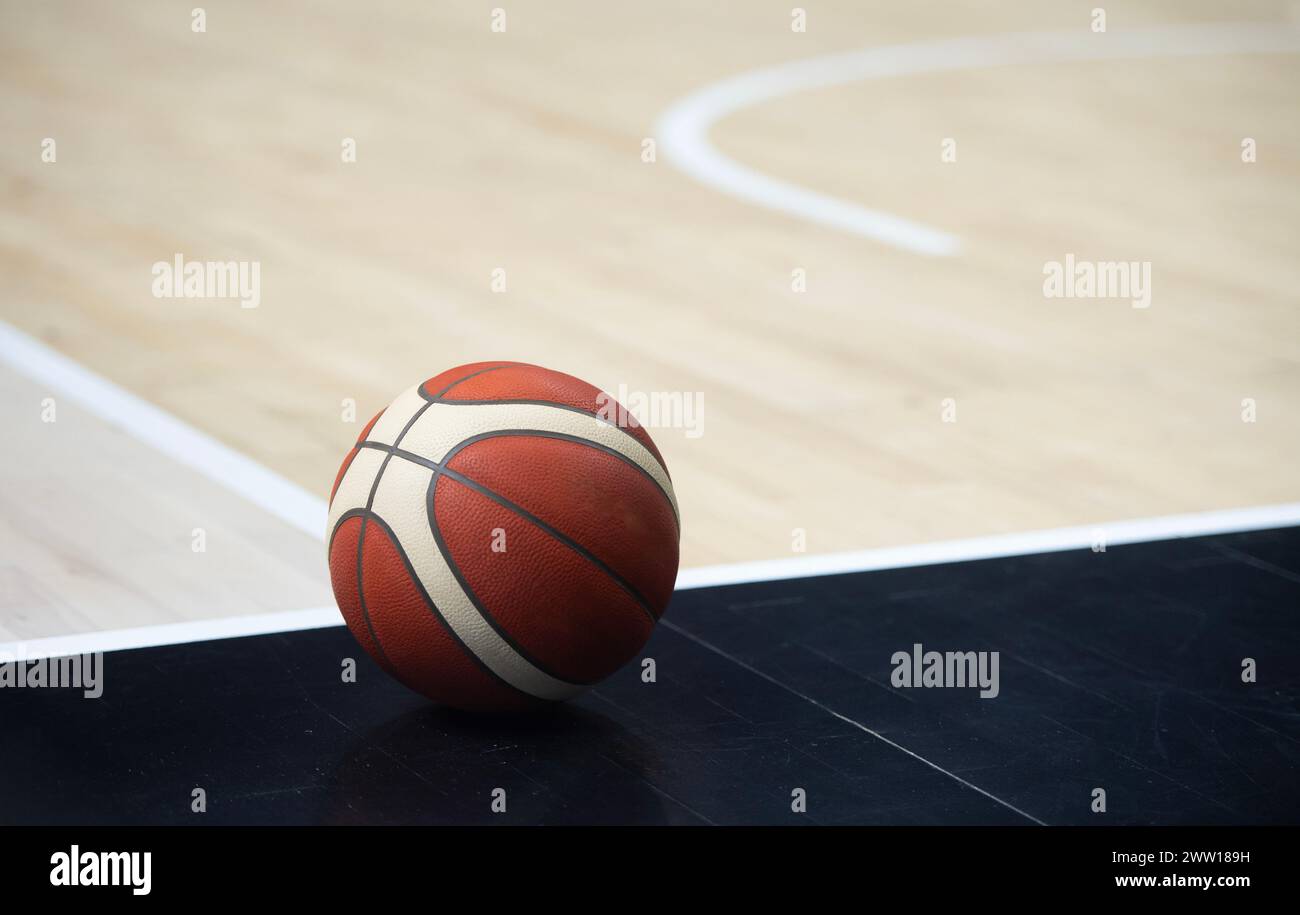 Basketball ball on the court. Horizontal sport theme poster, greeting ...