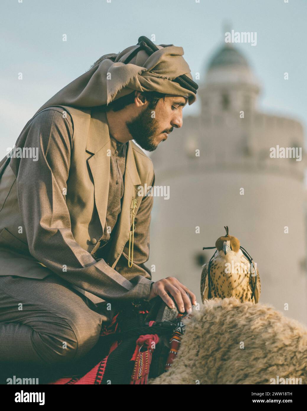 A vertical shot of a Middle Eastern man with a well-trained falcon ...