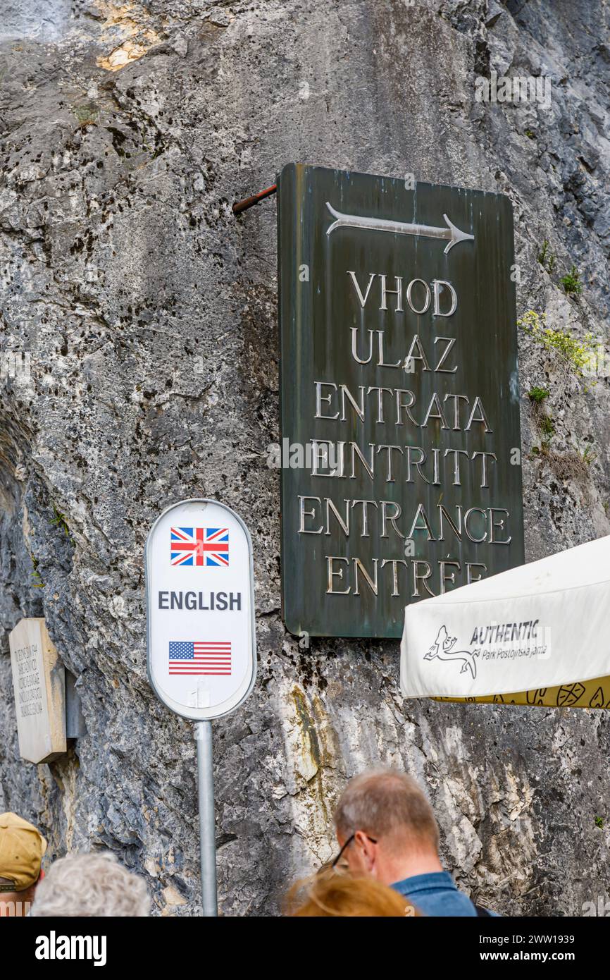 English entrance queue sign at Postojnska Jama (Postojna Cave Park), an ...