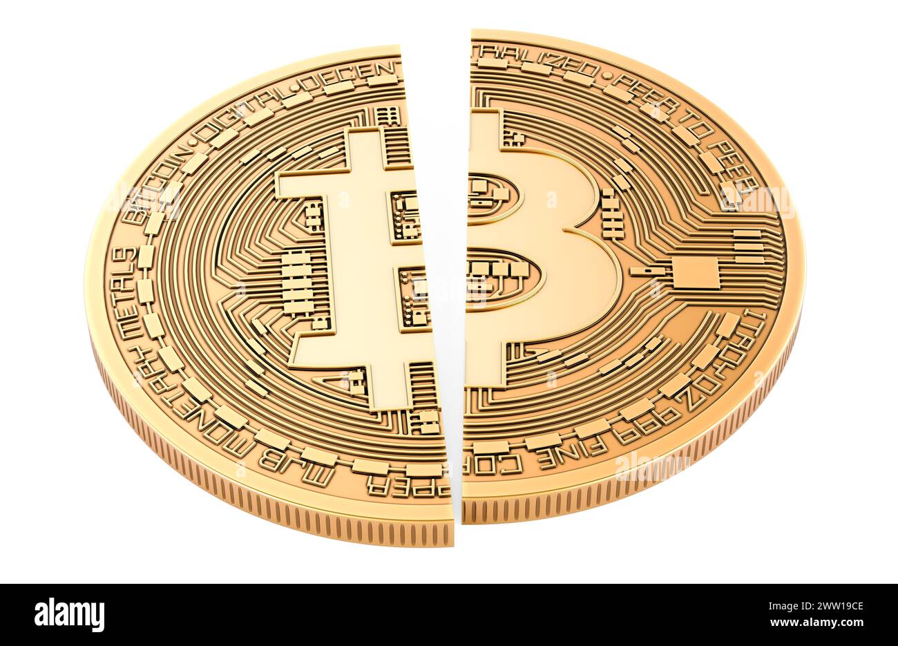 Bitcoin halving, concept. Bitcoin coin cut in half, 3D rendering ...