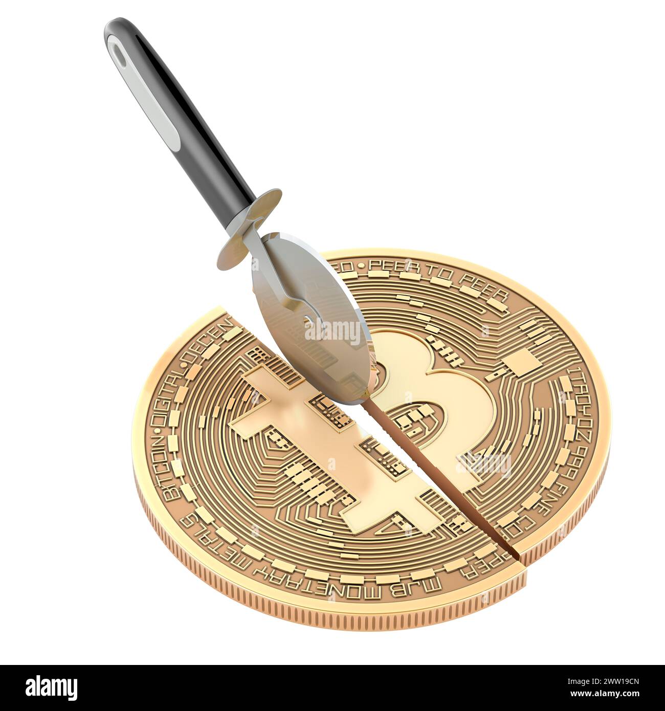Bitcoin halving, concept. Pizza cutter cuts bitcoin in half, 3D ...