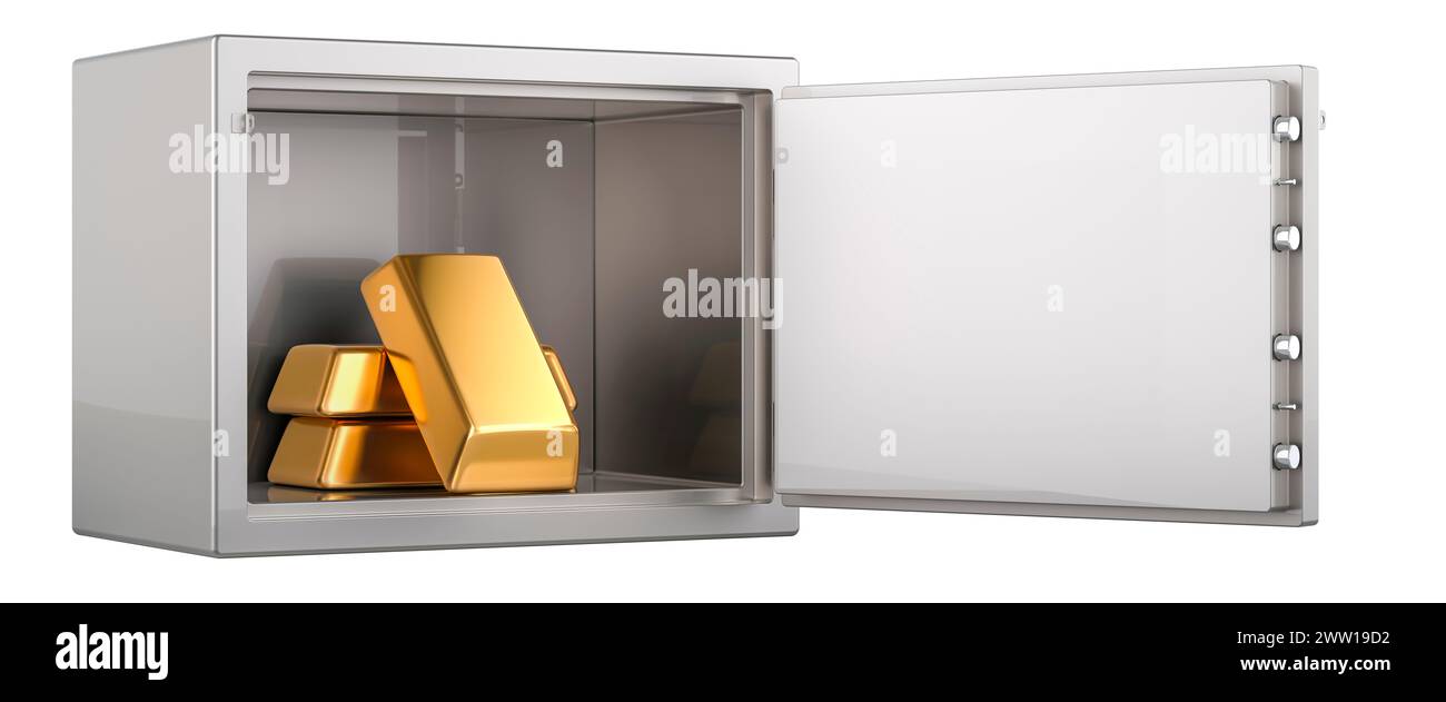 Golden Ingots inside safe with combination lock, 3D rendering isolated ...