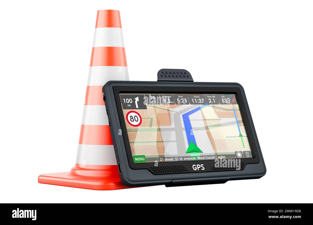 GPS navigation device with traffic cone, 3D rendering isolated on white ...