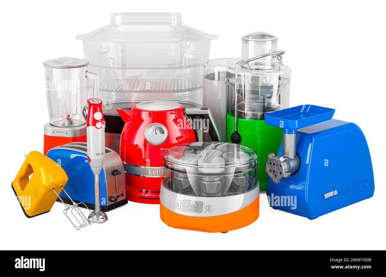Colored small kitchen appliances, 3D rendering isolated on white ...