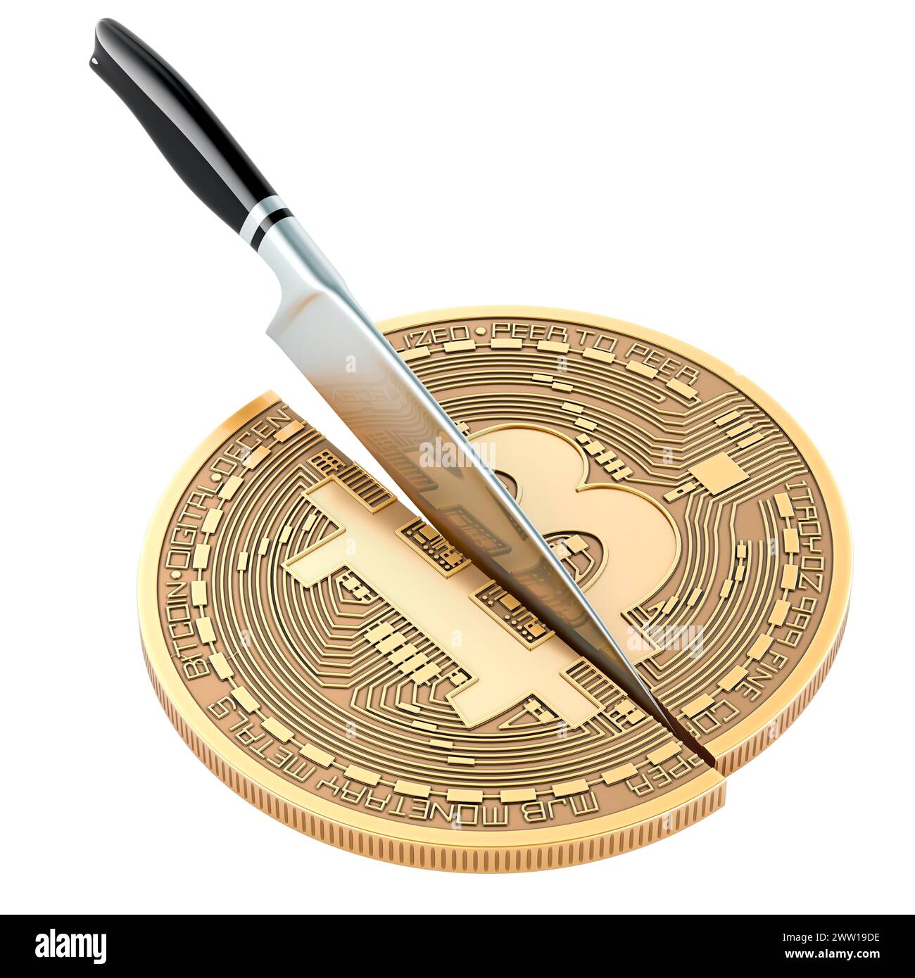 Bitcoin halving, concept. Knife cuts bitcoin in half, 3D rendering ...