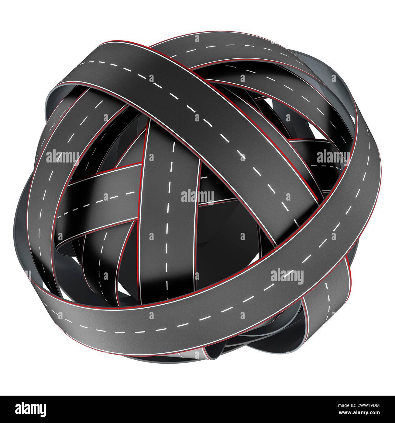 Tangled ball of roads, roads knot. 3D rendering isolated on white ...