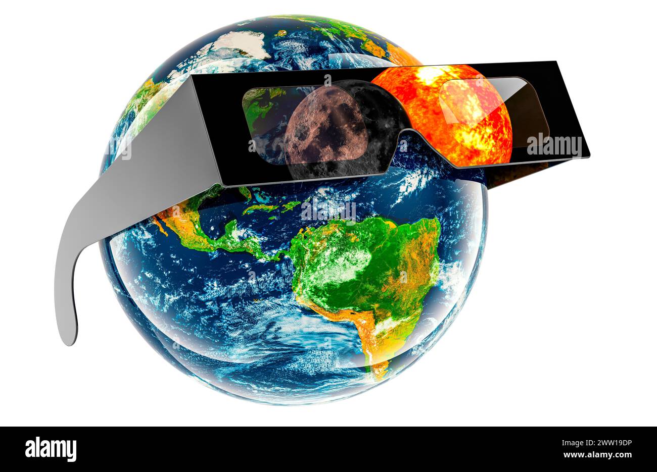 Solar Eclipse, concept. Earth Globe with solar eclipse glasses. 3D ...