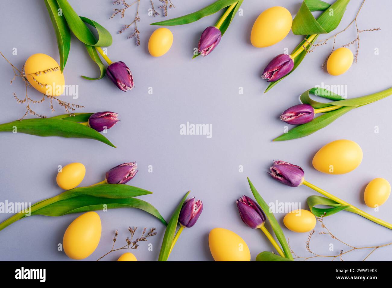 Circular layout with yellow Easter eggs, purple tulip flowers on pastel lilac background. Top ...