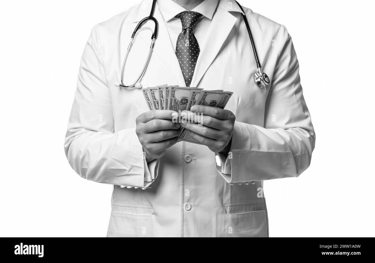 cropped view of doctor show medical expenses isolated on white. doctor ...