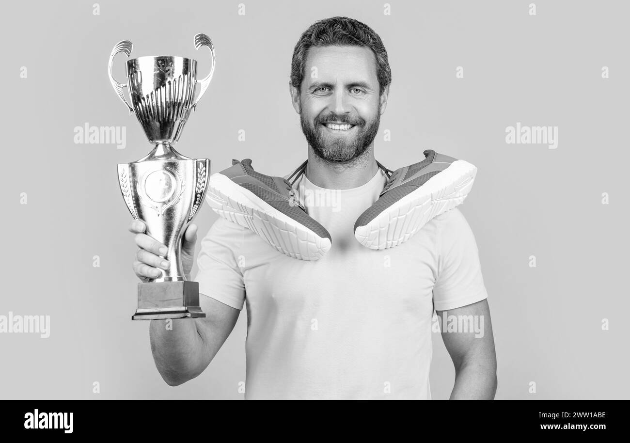 happy champion man winner isolated on yellow. champion man winner on ...