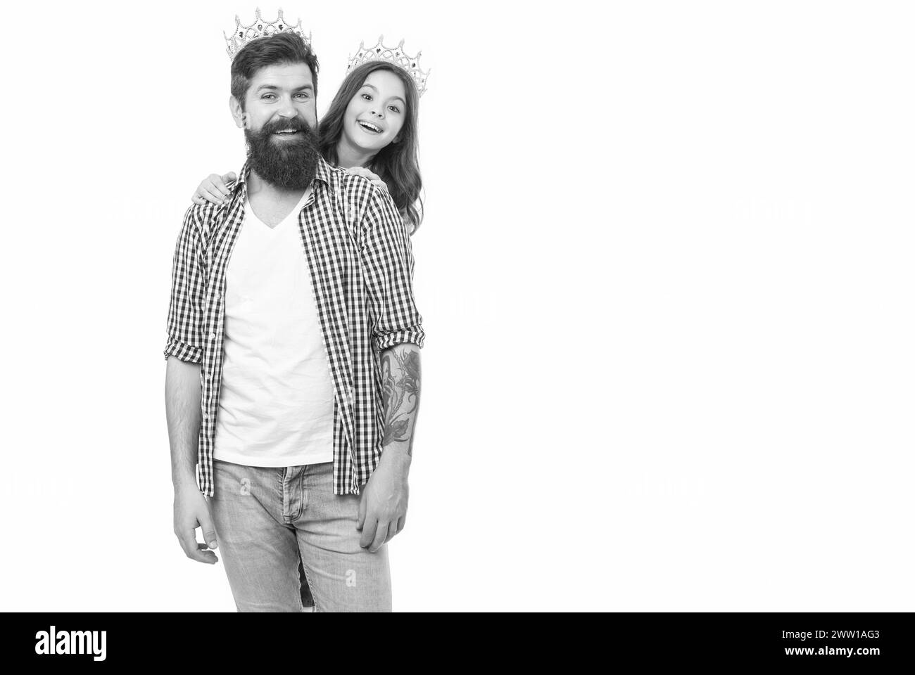 King and princess concept. Bearded hipster and little daughter. Family ...