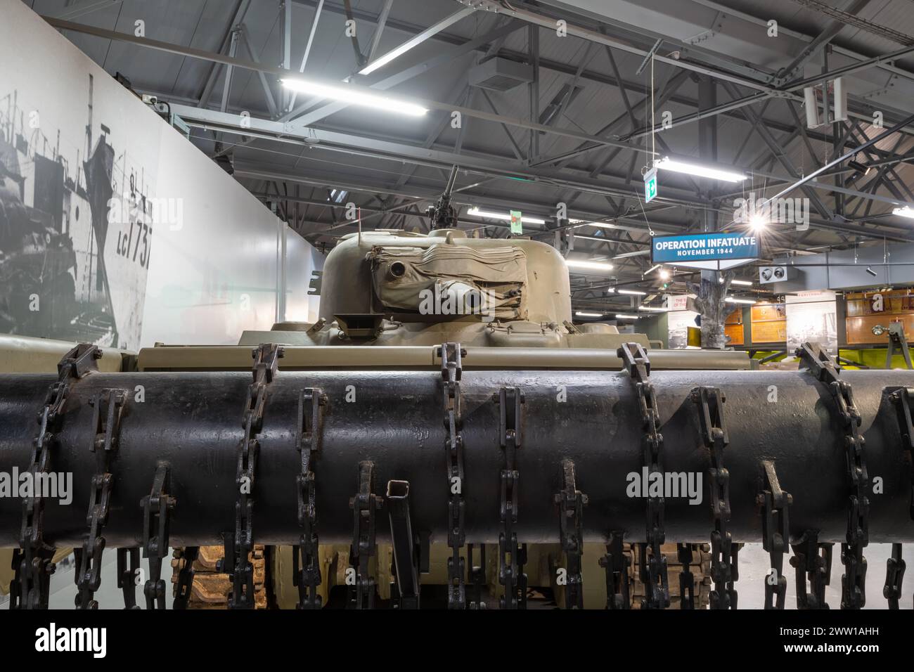 Bovington.Dorset.United Kingdom.August 8th 2023.A Sherman Crab flail ...